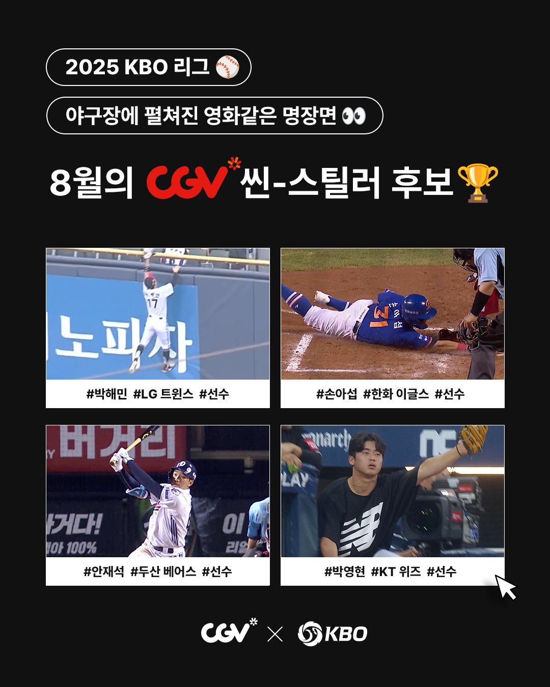 박해민·손아섭·안재석·박영현…KBO, ‘월간 CGV 씬-스틸러상’ 8월 수상 후보 발표｜스포츠동아
